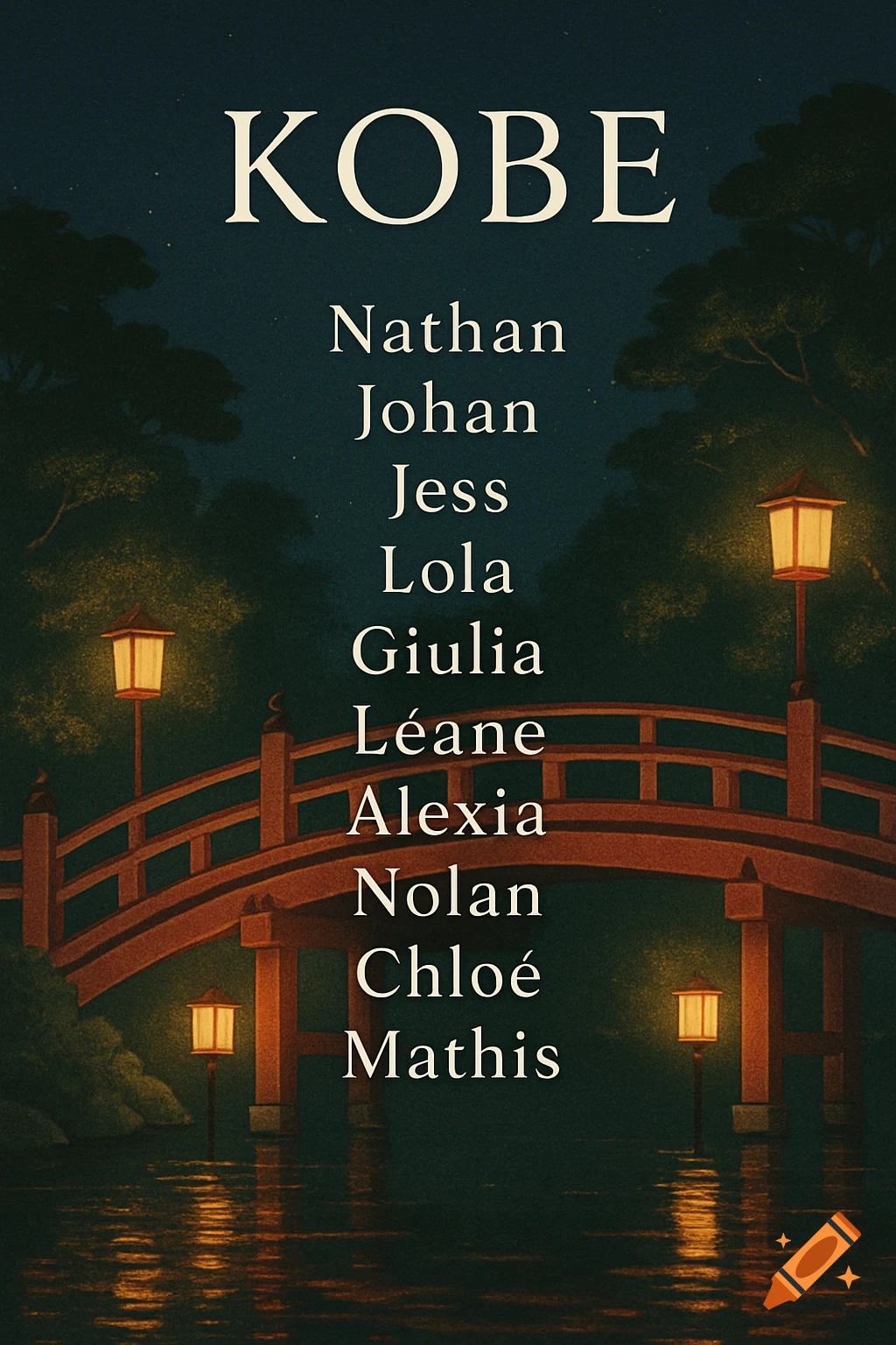 A Japanese-inspired wedding seating chart poster at night, featuring a ...