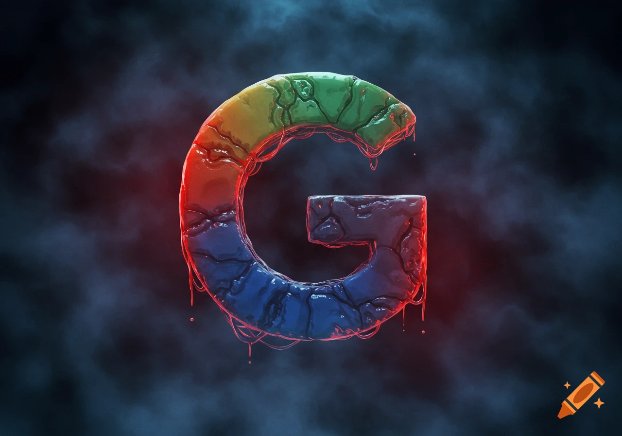 A scary, gooey, cracked letter G in Google's rainbow colors with red ...