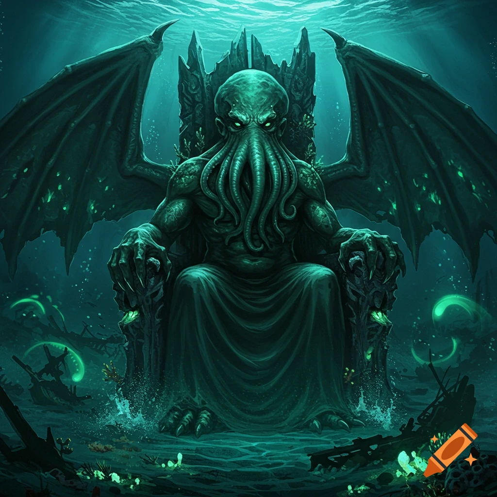 A winged, tentacled Cthulhu sits on a dark, intricate throne underwater ...