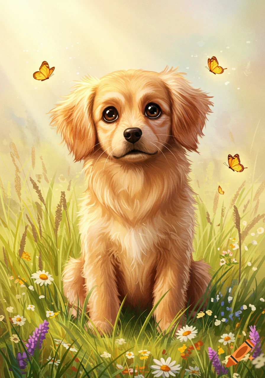 A fluffy golden dog with golden wings flies over a vibrant wildflower ...