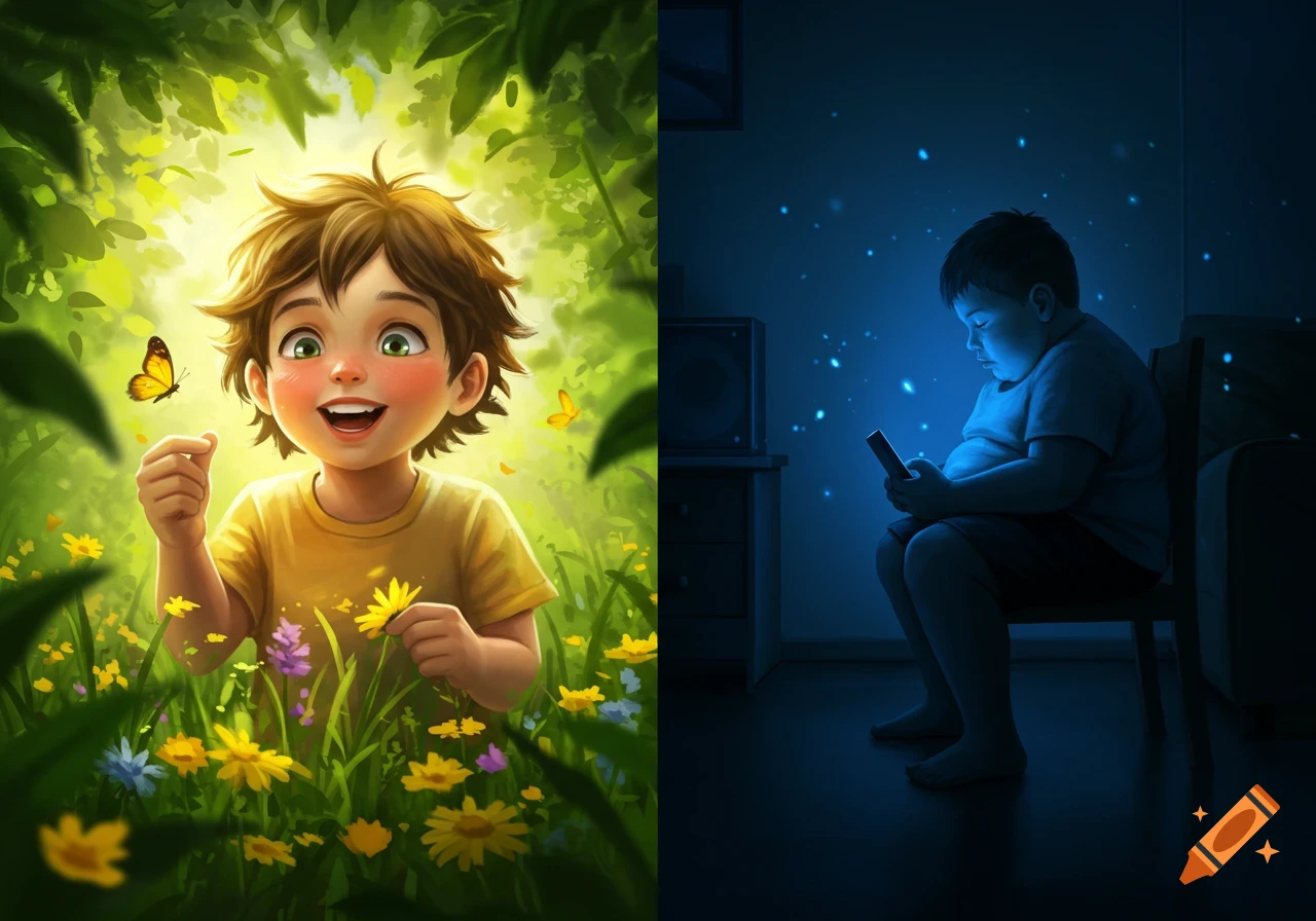 A young child from behind, reaching towards an open door revealing a ...