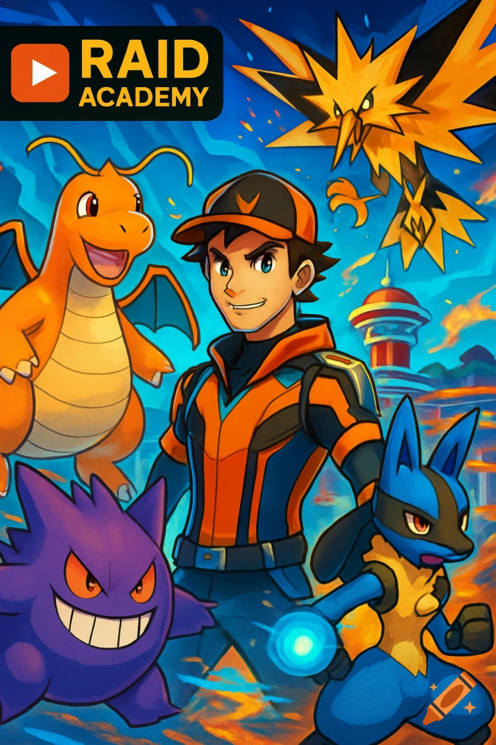 A male Pokemon trainer in an orange and blue outfit stands with ...