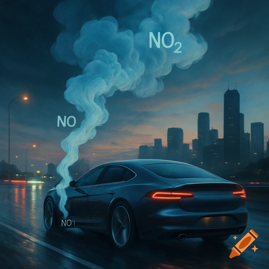 A blue car drives on a wet city road at dusk, emitting blue smoke ...