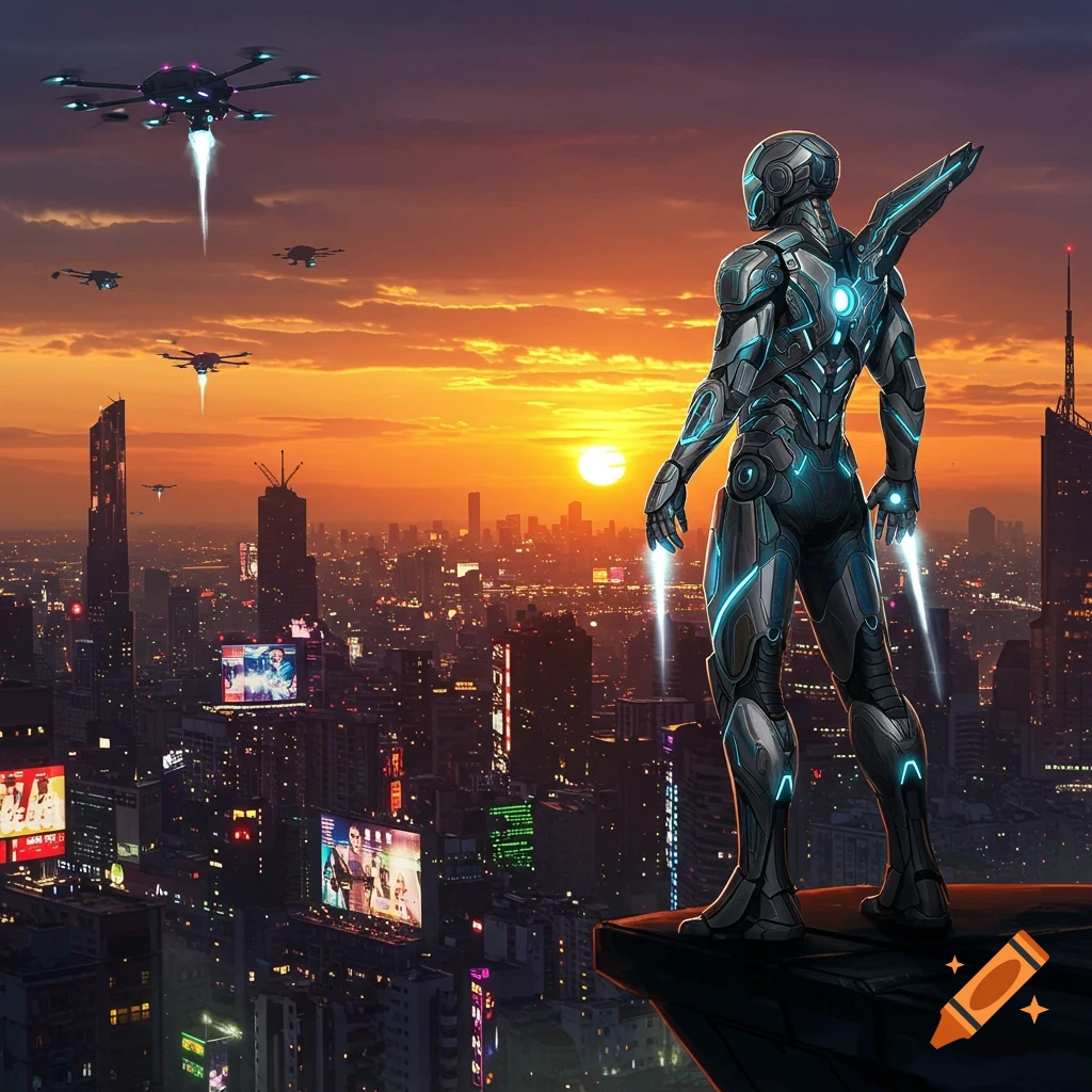 A futuristic superhero in a metallic suit with glowing accents stands ...