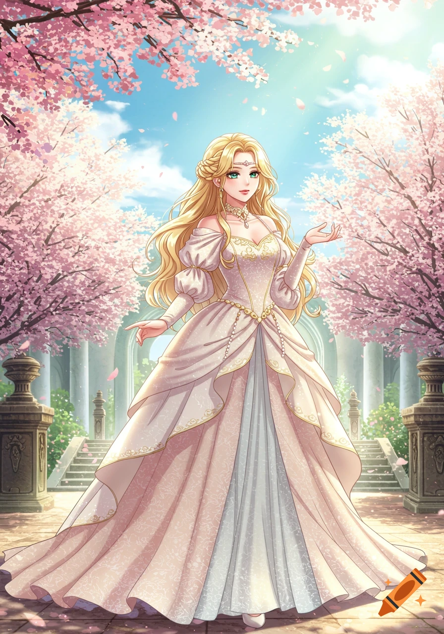 A blonde manga princess in a flowing white and gold gown stands in a ...