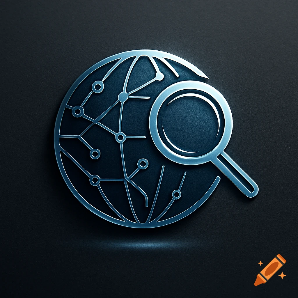 A 3D metallic logo featuring a magnifying glass over a blue, textured ...