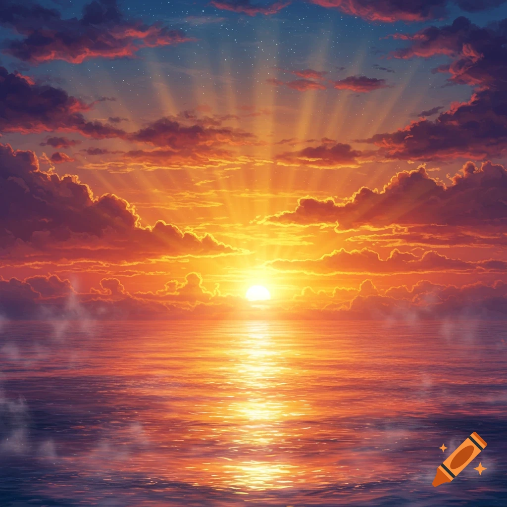 Vibrant sunrise with sun rays bursting across a blue sky, perfectly ...