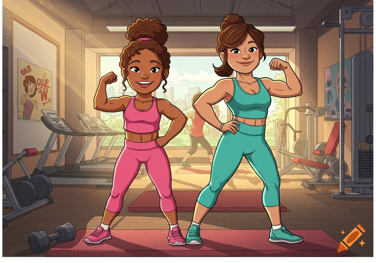 A cartoon of a strong woman flexing her muscles in a sunny playground ...