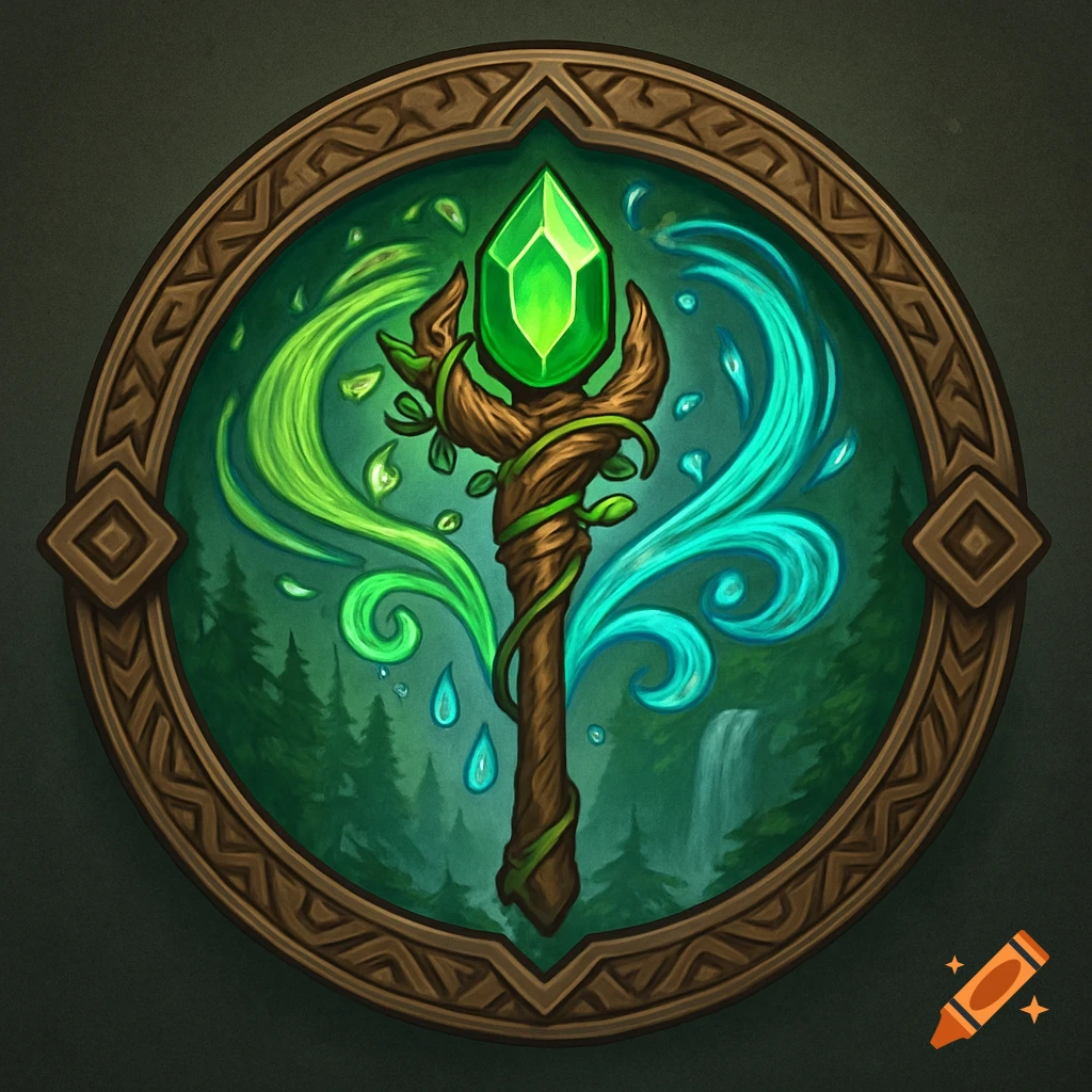 Five stylized symbols: a green tree, red flame, blue wave, brown ...