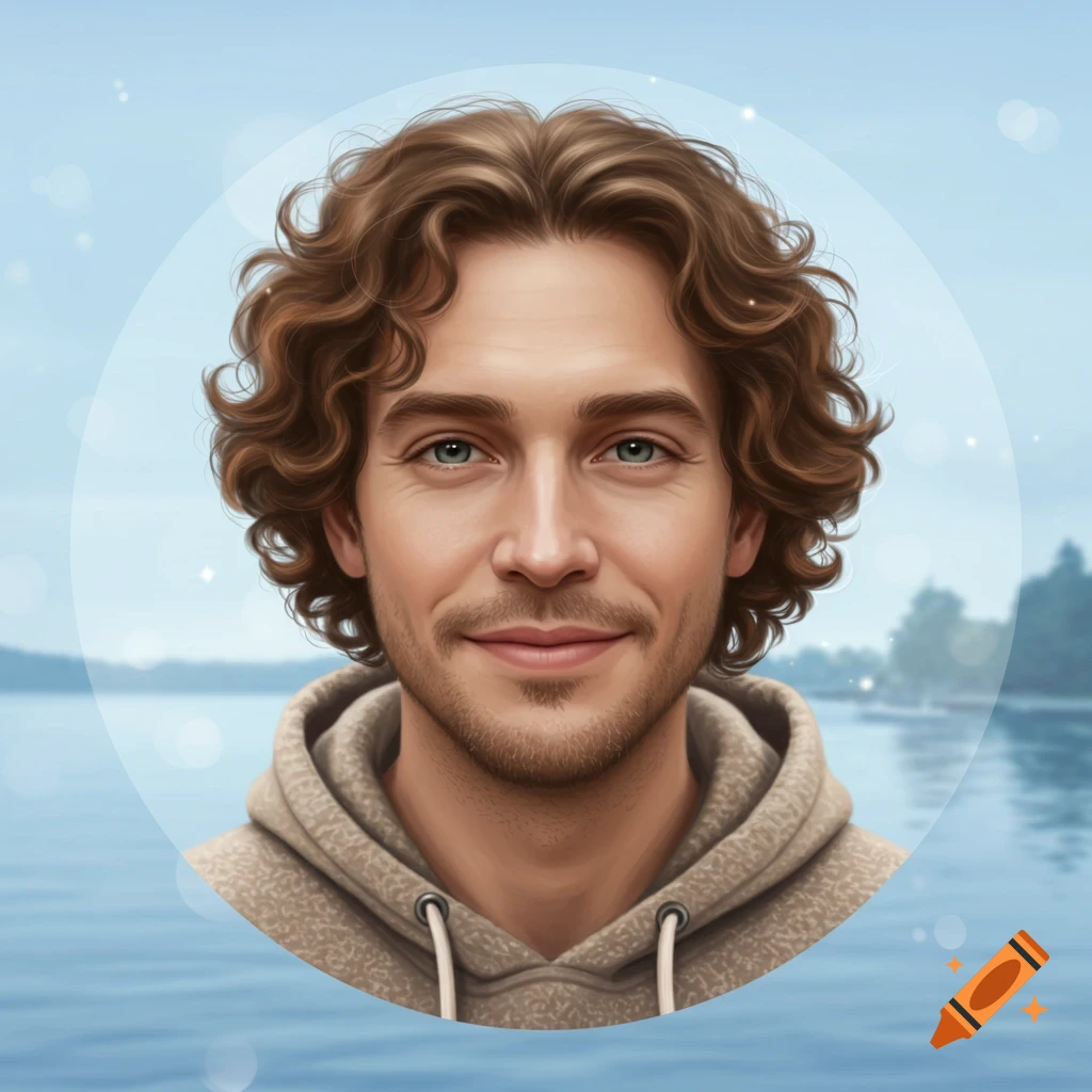 Stylized portrait of a man with brown hair and blue eyes against a ...