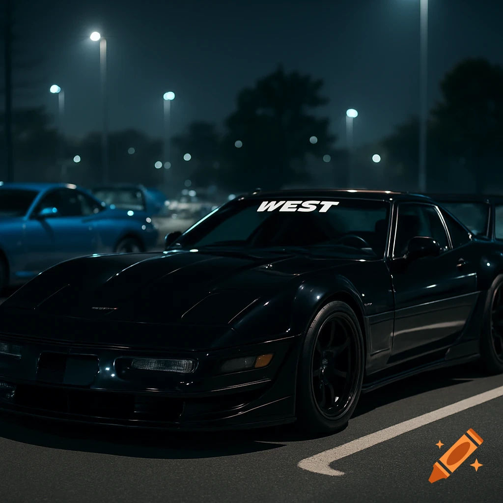 A photorealistic image of a black customized 1994 Chevrolet Corvette C4 ...
