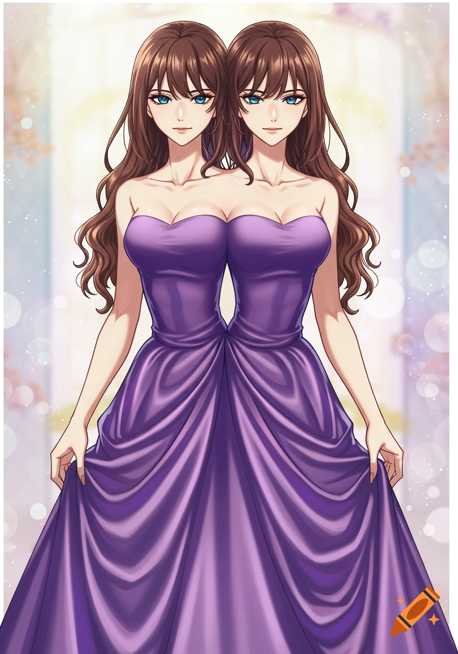 Anime-style conjoined twins with brown hair and blue eyes wear a single ...