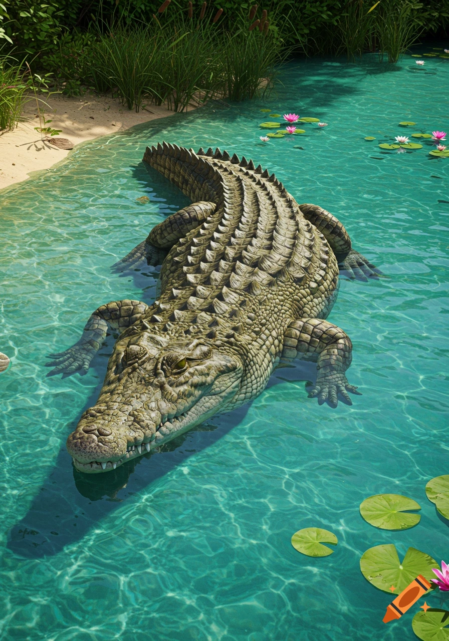 A photorealistic crocodile is partially submerged in clear turquoise ...