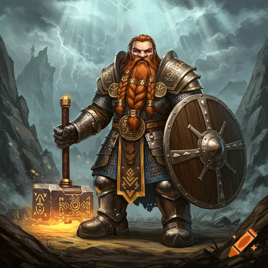 A fierce fantasy dwarf warrior with a red mohawk, braided beard, and ...