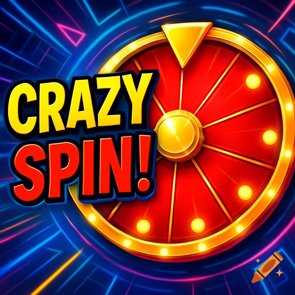 A vibrant red and gold game show wheel with a pointer, featuring the yellow and red text "CRAZY ...