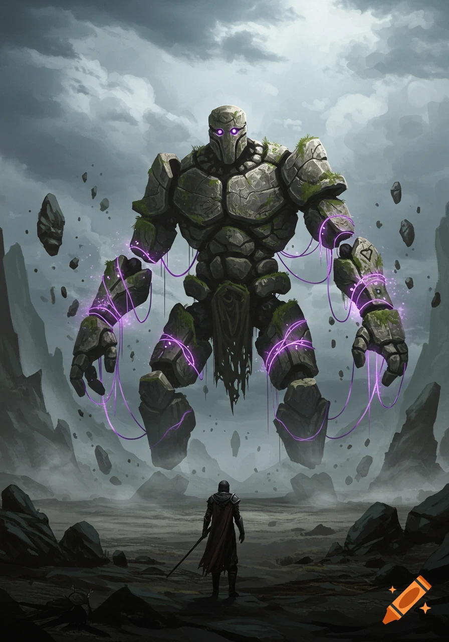 A large rock golem, covered in moss and glowing runes, stands in a ...