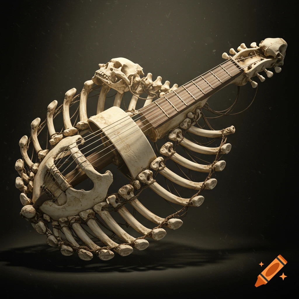 A mystical hurdy-gurdy made of bones and a skull, glowing ethereally on ...