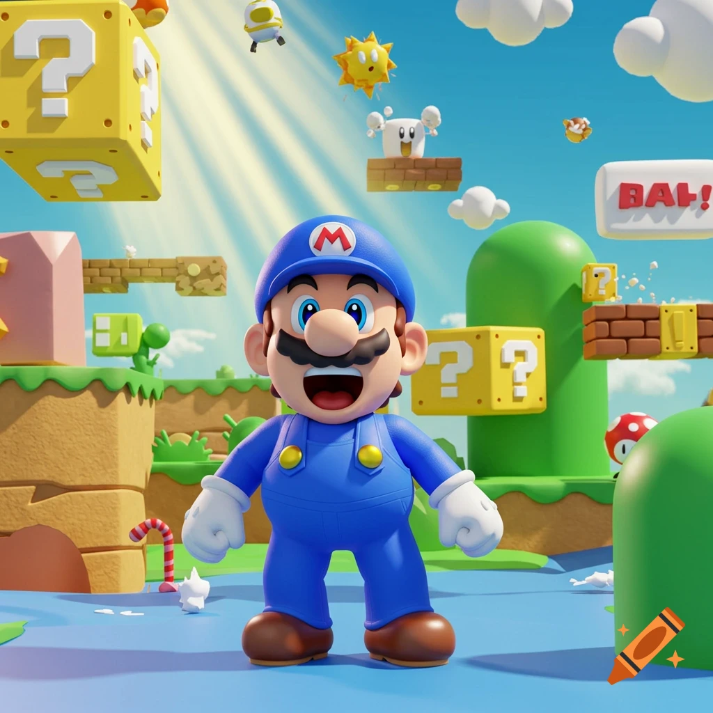A blue-clad Mario-like character stands in a vibrant cartoon video game ...