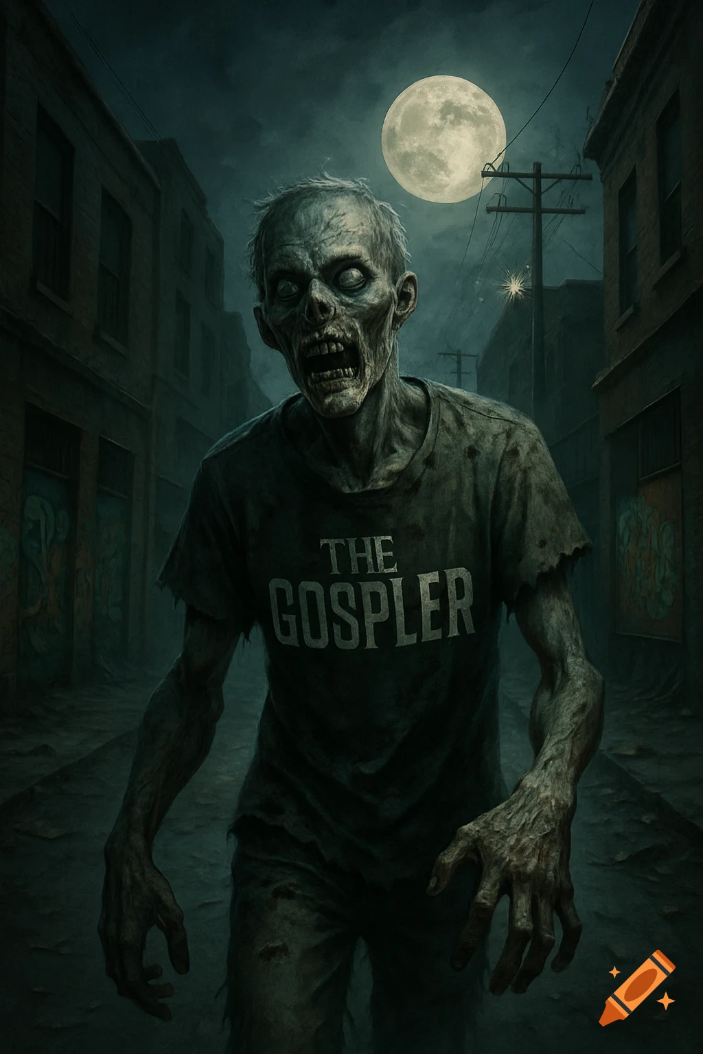 A grotesque zombie wearing a tattered 'THE GOSPLER' t-shirt stands in a ...