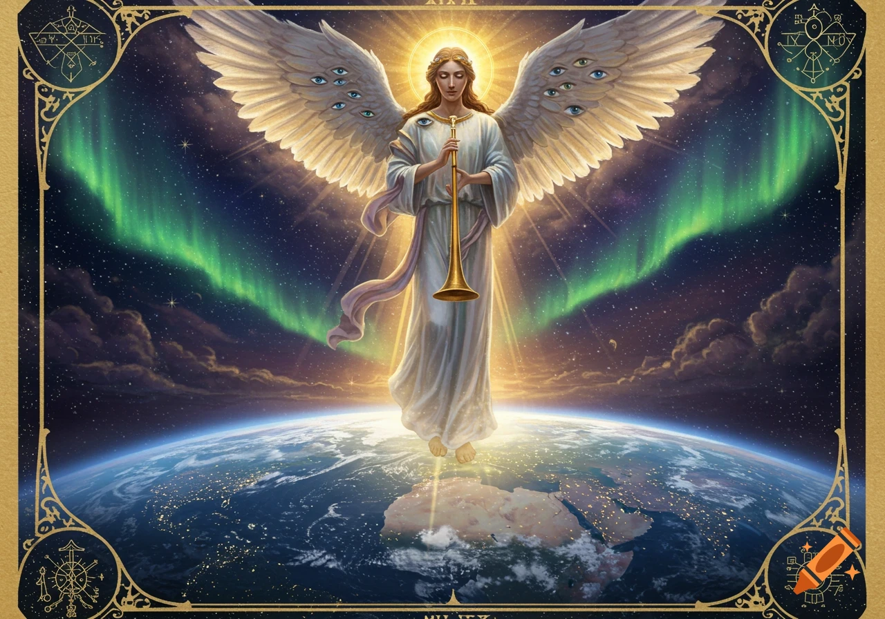 A majestic angel with large wings and a halo stands over a man kneeling ...