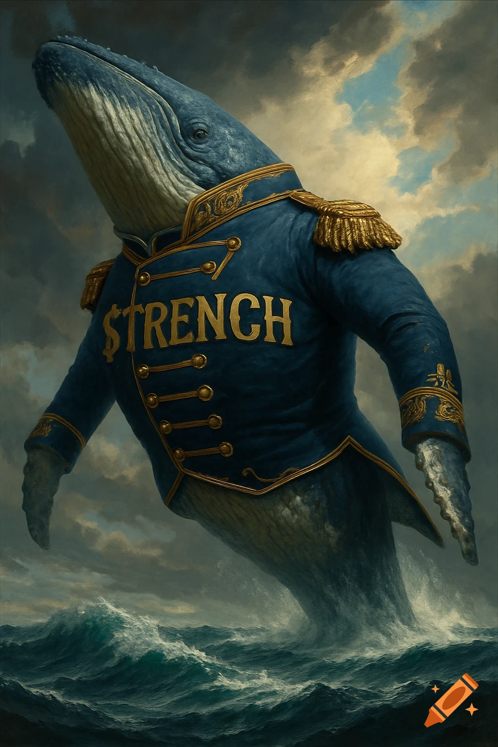 A majestic blue whale wearing a blue and gold military uniform with ...