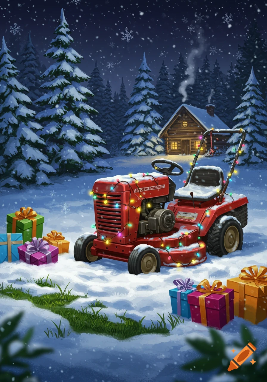 Santa Claus drives a red forklift, holding a golden watering can, in a ...