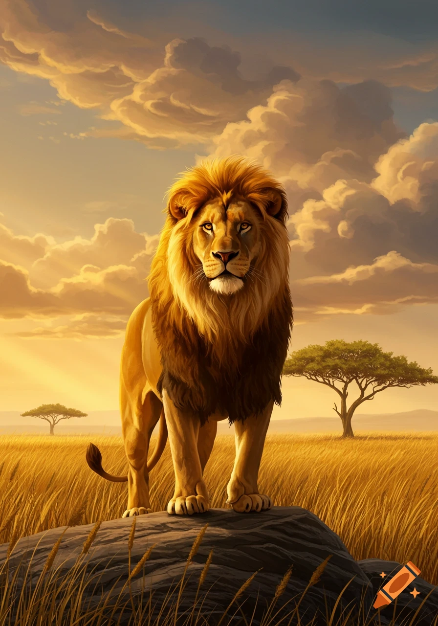 A majestic lion stands on a rock in a sun-drenched savanna with acacia ...