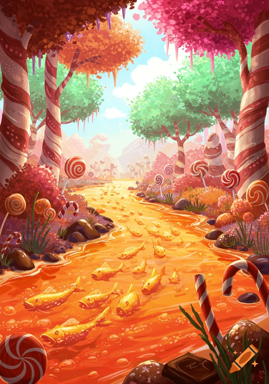 A vibrant, whimsical cartoon landscape of a candy land with a pink ...