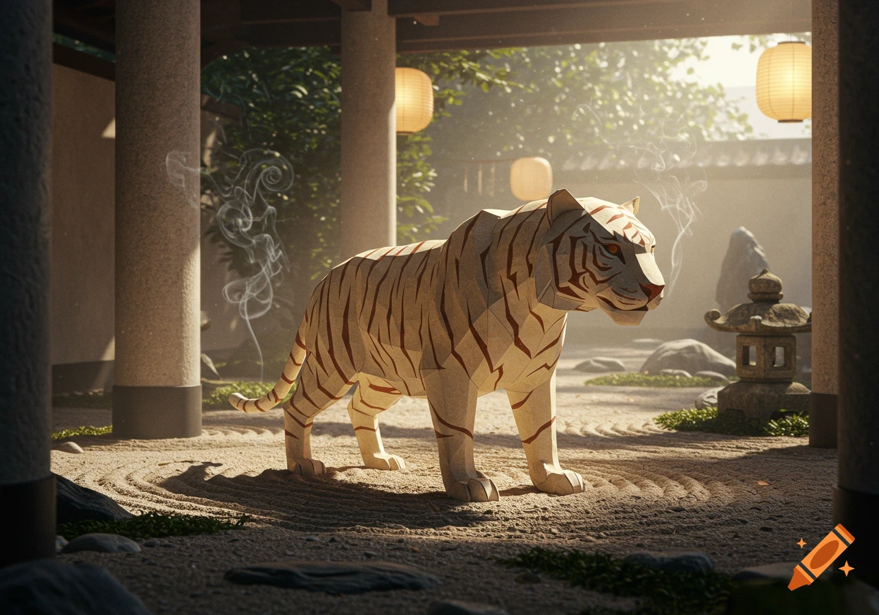 A stylized paper tiger stands in a sunlit Japanese zen garden with ...