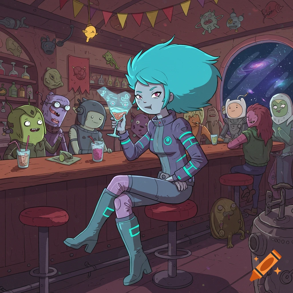 A female space rogue with teal hair sips a drink at a bustling alien ...