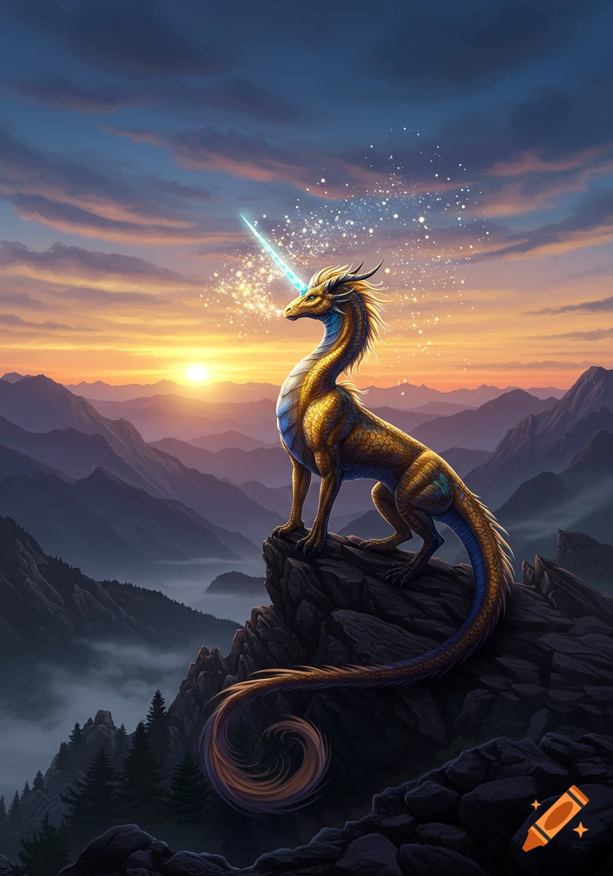 A majestic hybrid creature with a mountain lion's body, bighorn sheep ...