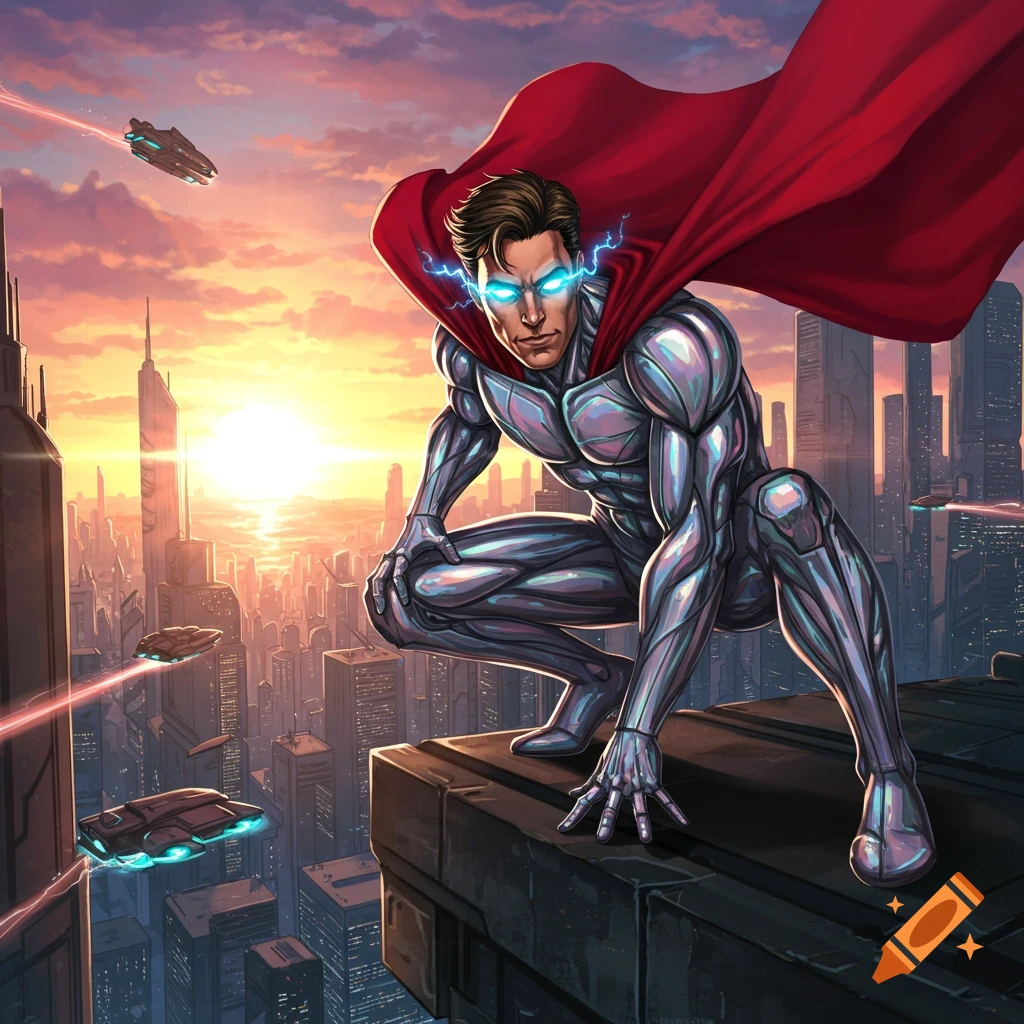 A muscular male superhero in a red and black suit with a cape and ...