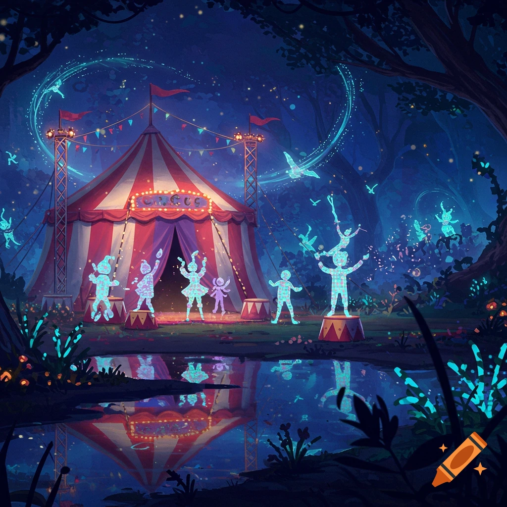A vibrant digital art illustration of a glowing circus tent in a ...