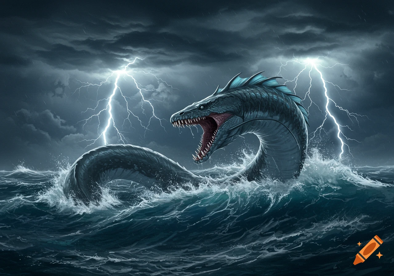 Large serpentine sea monster with an open mouth emerges from stormy ...