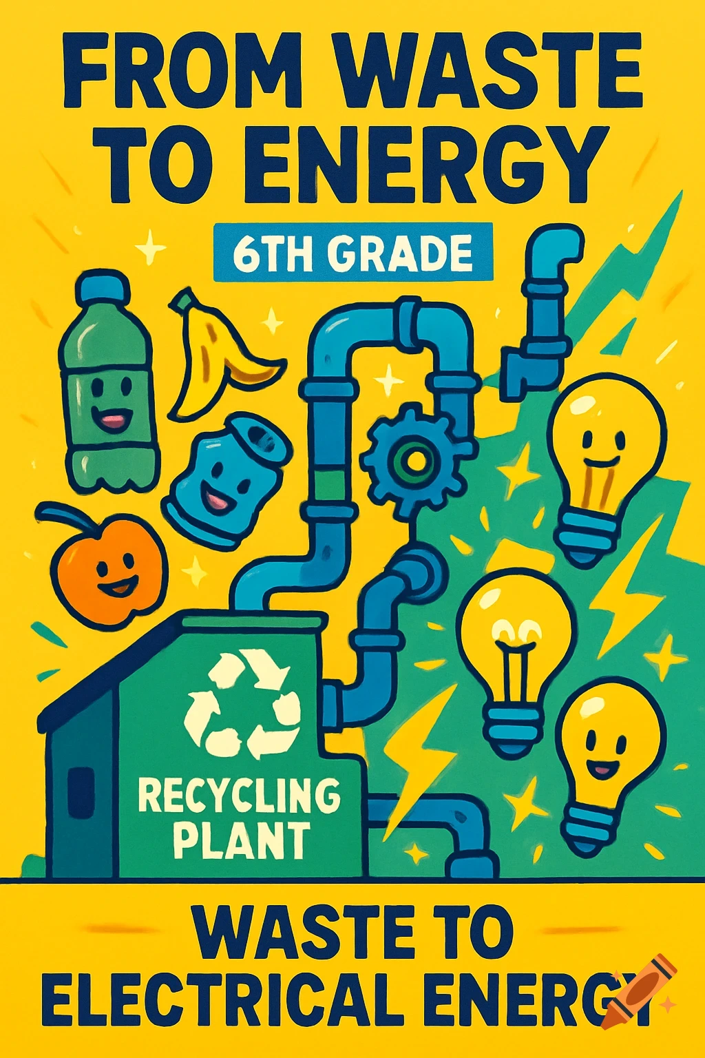 Colorful cartoon poster illustrating waste transformation into ...