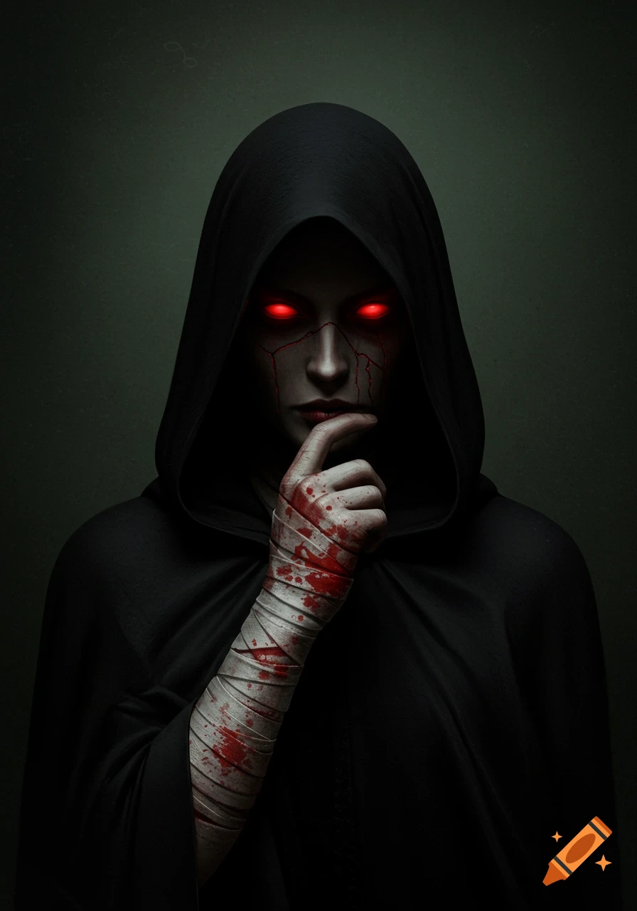 A dark, ominous figure in a black hooded cloak with glowing red eyes ...