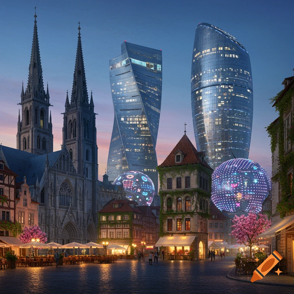 Photorealistic twilight cityscape with a Gothic church, modern ...