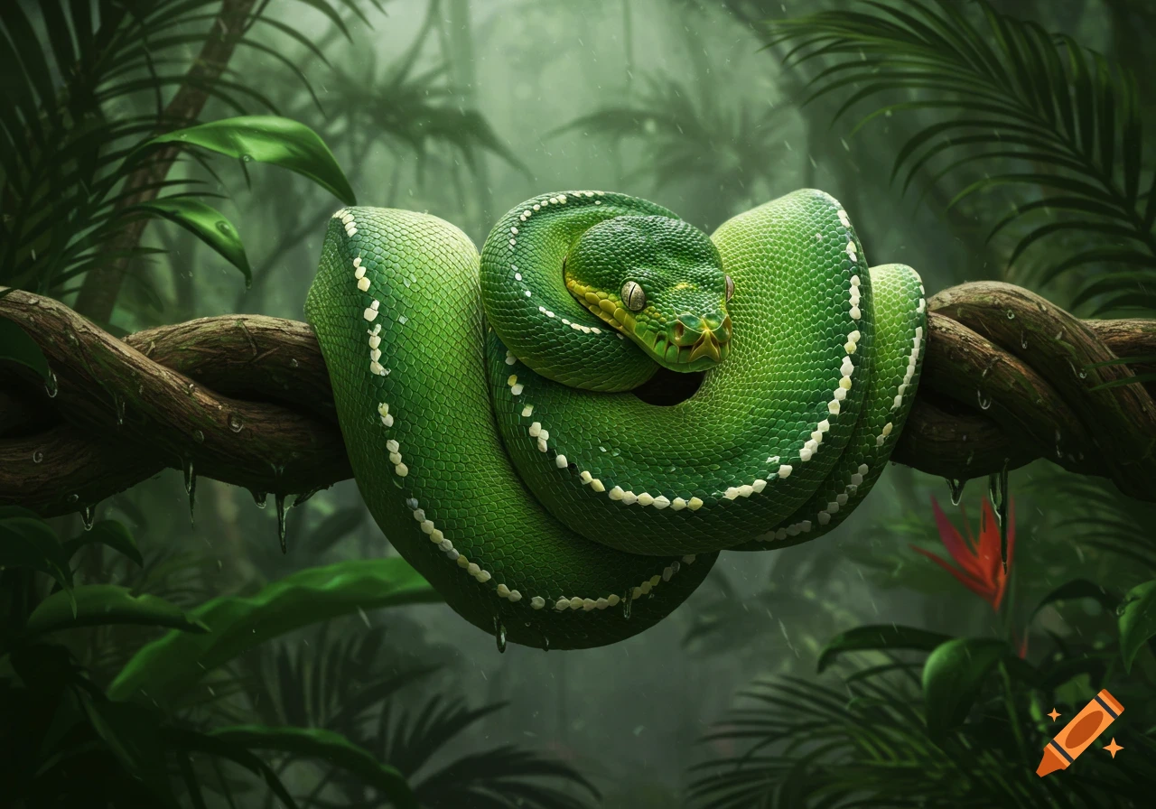 A mystical three-headed green and blue snake coiled around a tree ...