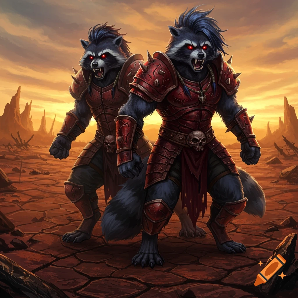 Two armored raccoon-orc warriors with glowing red eyes and mohawk hair ...