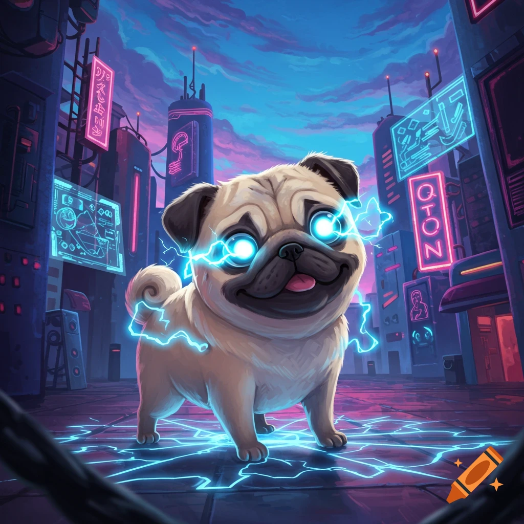 A cute pug with glowing electric eyes and lightning around it, standing ...