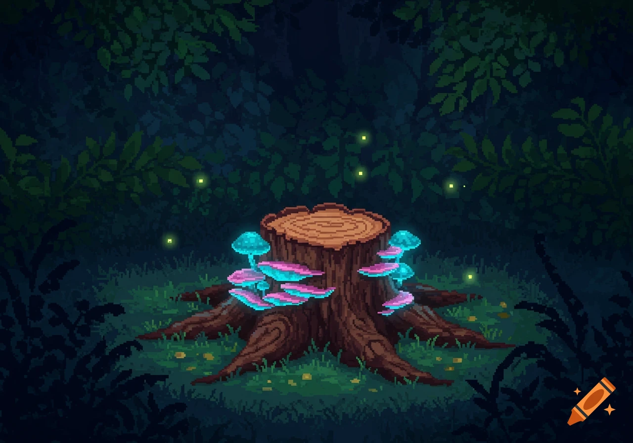 A pixel art image of a magical forest stump with glowing blue and pink ...