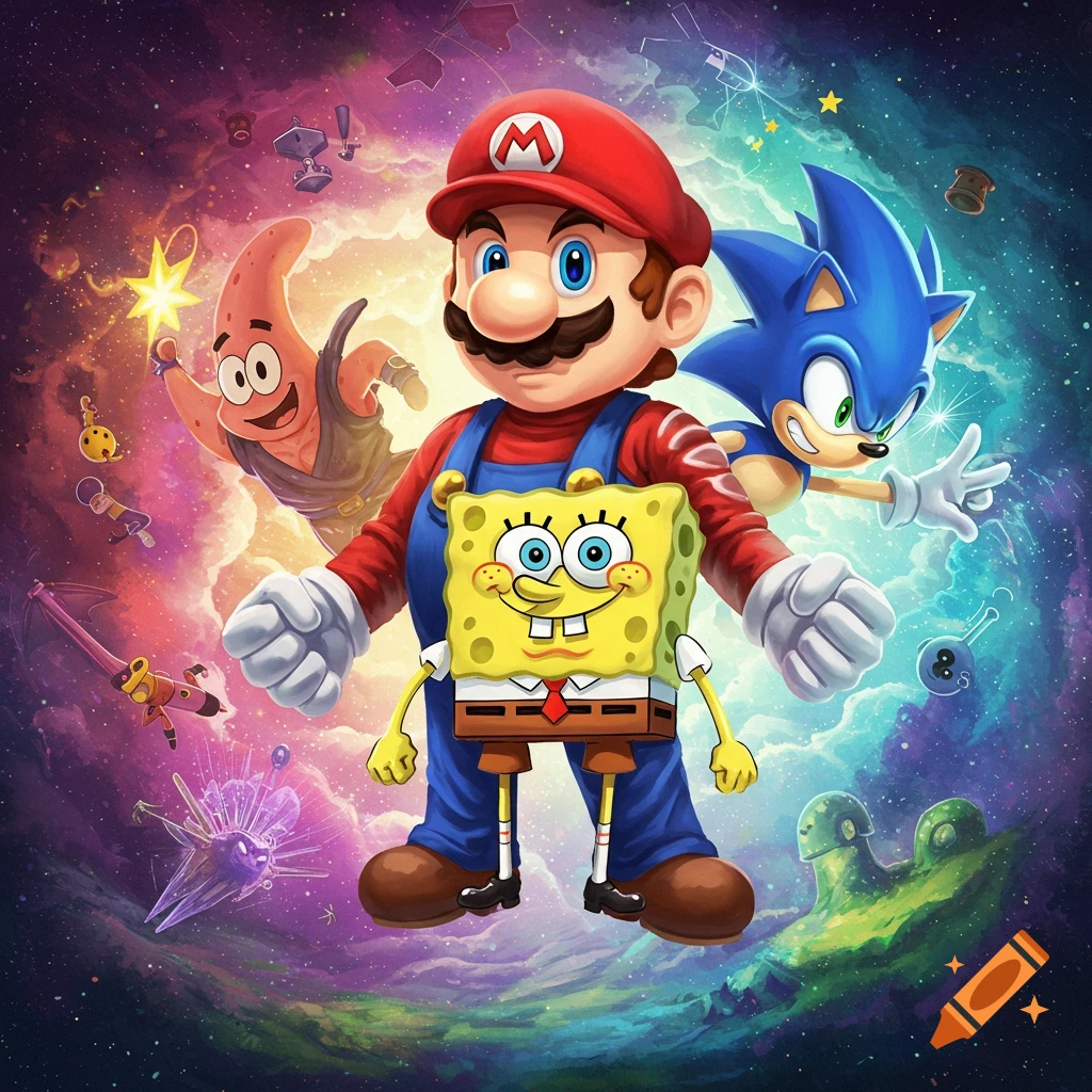 Mario wears SpongeBob as his torso while Sonic the Hedgehog and Patrick ...