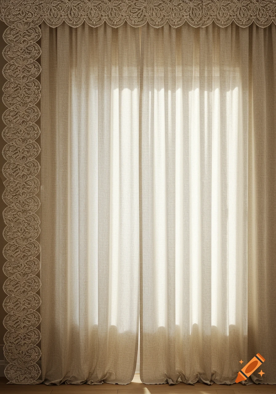 Photorealistic image of two natural linen curtain panels with intricate ...
