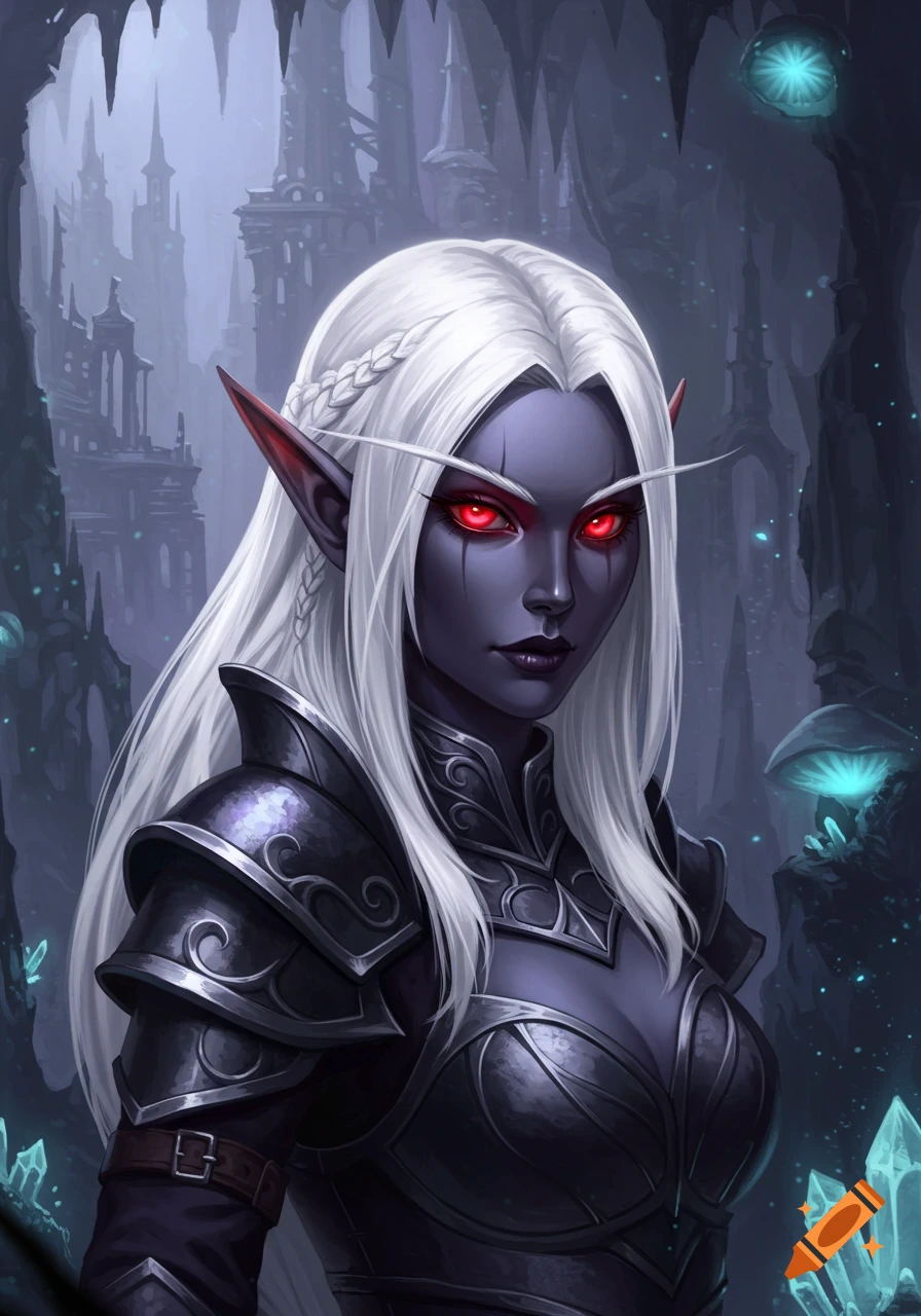 Silk drow princess with white hair and glowing blue eyes on Craiyon