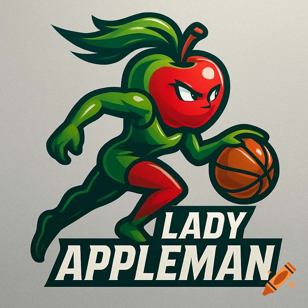 Cartoon sports logo of a red apple character with green leaves dribbling a basketball, text ...