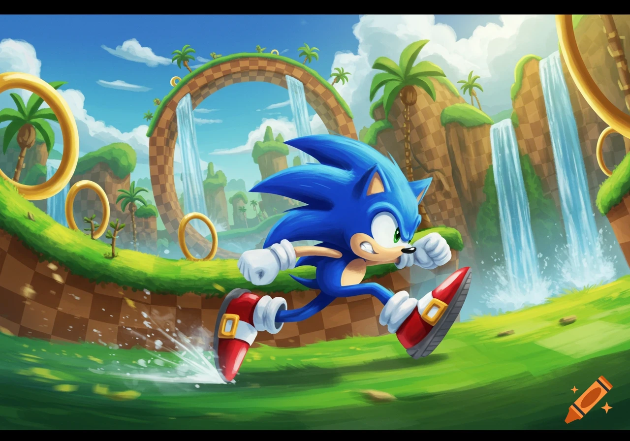 Sonic the Hedgehog runs through a vibrant green landscape with golden ...