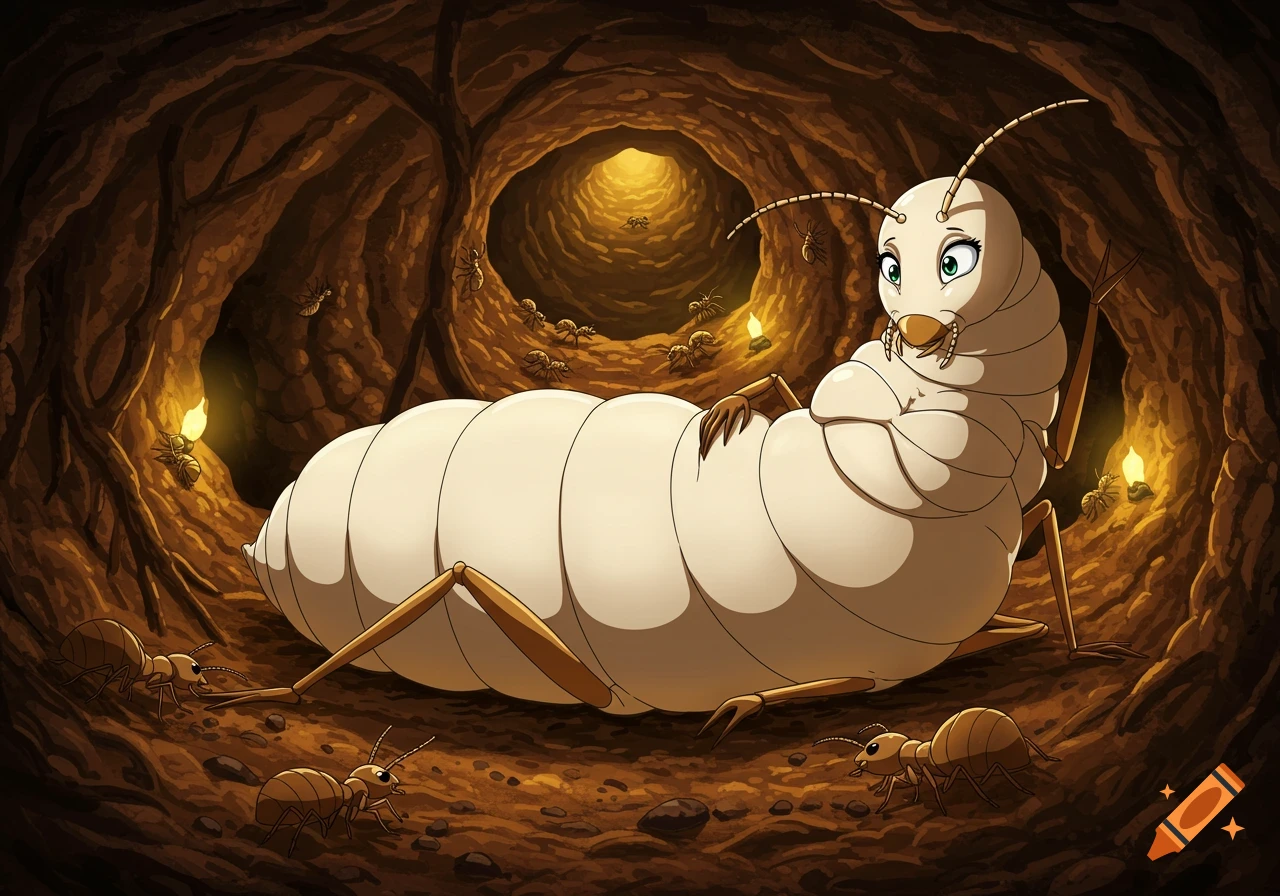 Anime illustration of a massive, pale termite queen with a swollen ...
