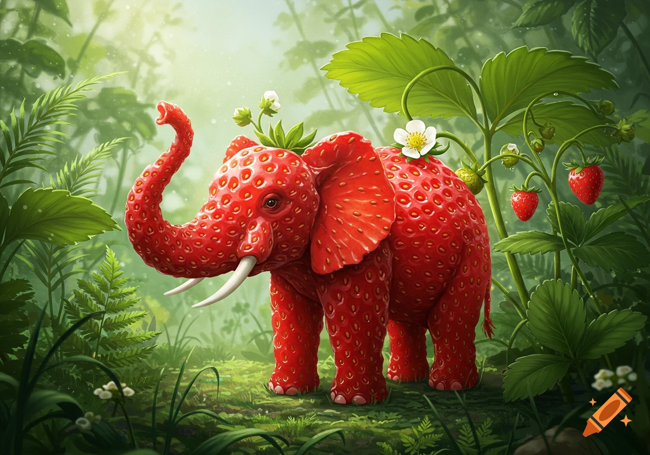 A whimsical red elephant with strawberry-patterned skin and green ...