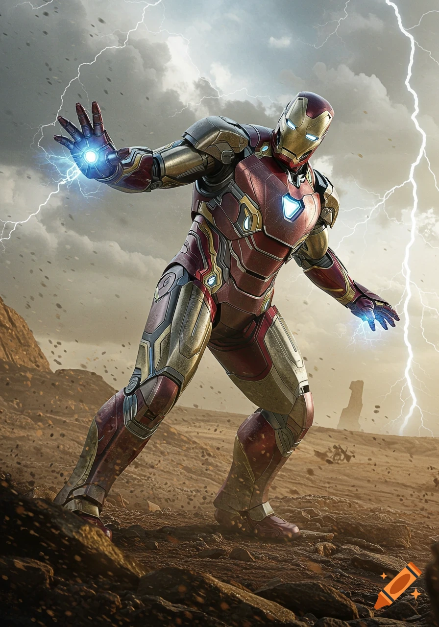 Iron Man in his red and gold armor with glowing blue accents stands in ...