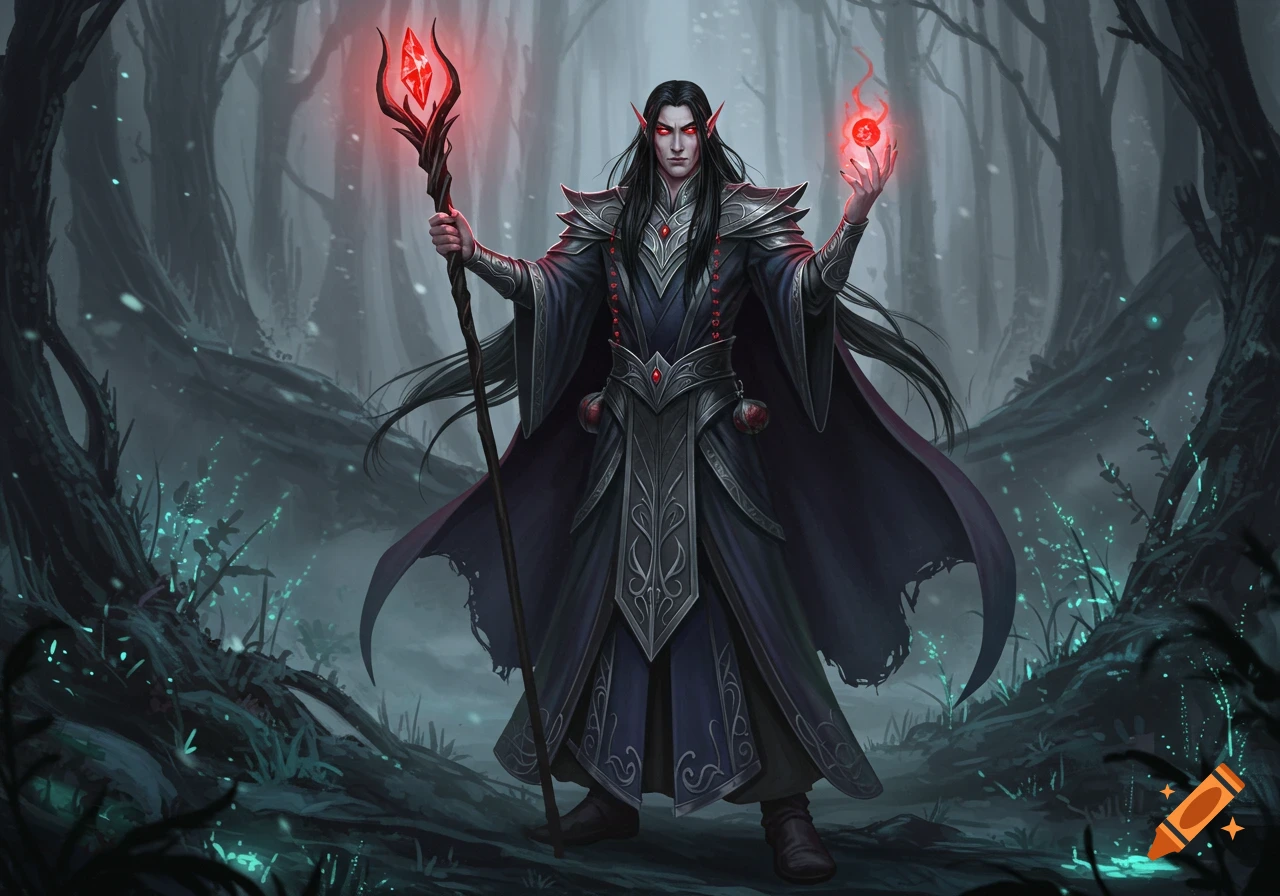 A pale high elf wizard with long black hair and red eyes, dressed in dark robes, holds a staff ...
